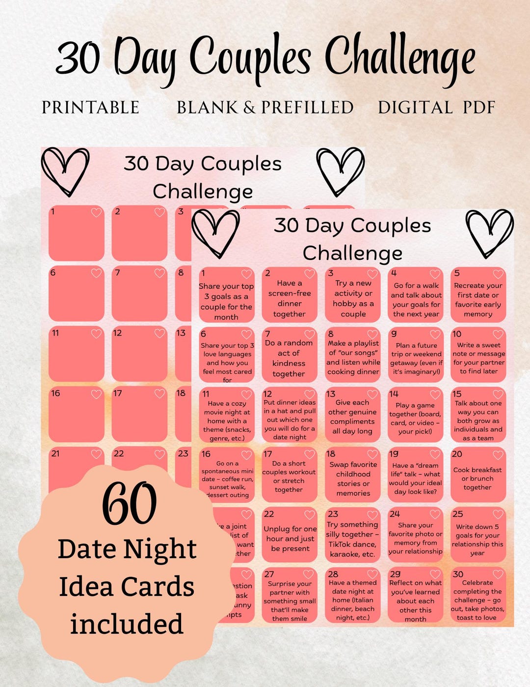 30 Day Couples Challenge Printable + Date Night Cards | Relationship ...