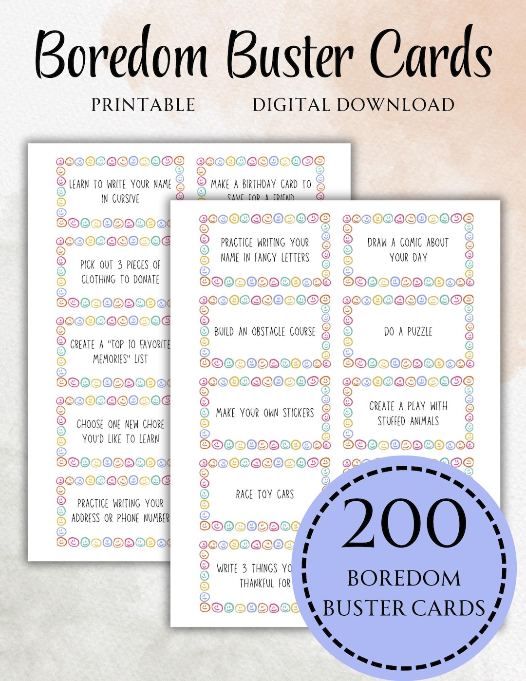Boredom Buster Cards for Kids Printable | 200 Activity Cards + Blank ...