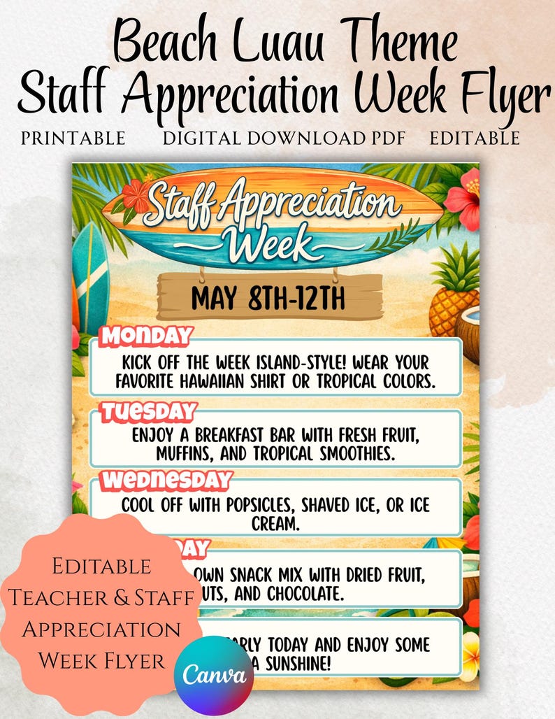 Beach Luau Staff Appreciation Week Flyer | Tropical Teacher ...