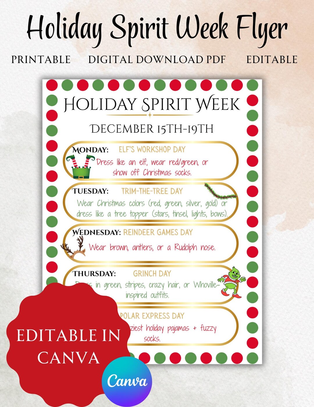 Editable Christmas Spirit Week Flyer | School Holiday Dress-up Days ...