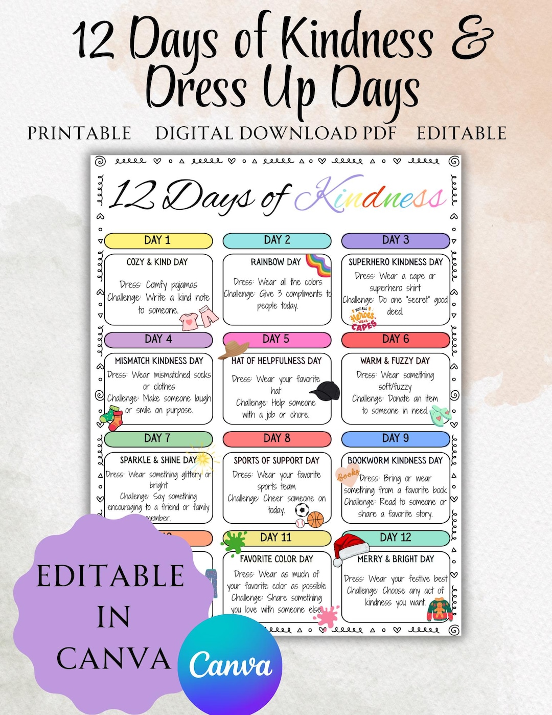 12 Days of Kindness & Dress up Challenge Printable | Editable Canva ...