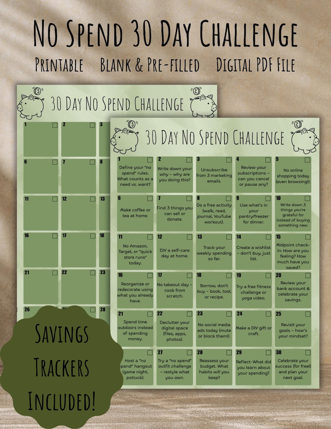 30 Day No Spend Challenge & Savings Tracker | Printable Money Challenge ...