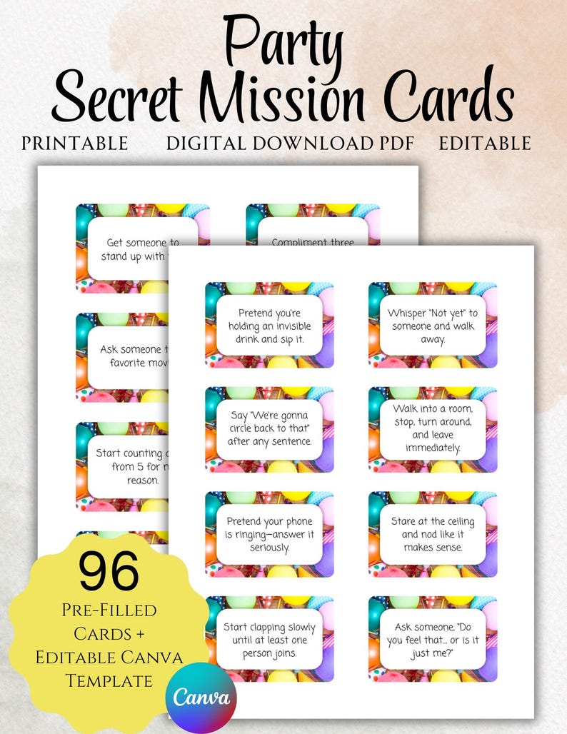 Editable Party Secret Mission Cards Game | Funny Party Game for Adults ...