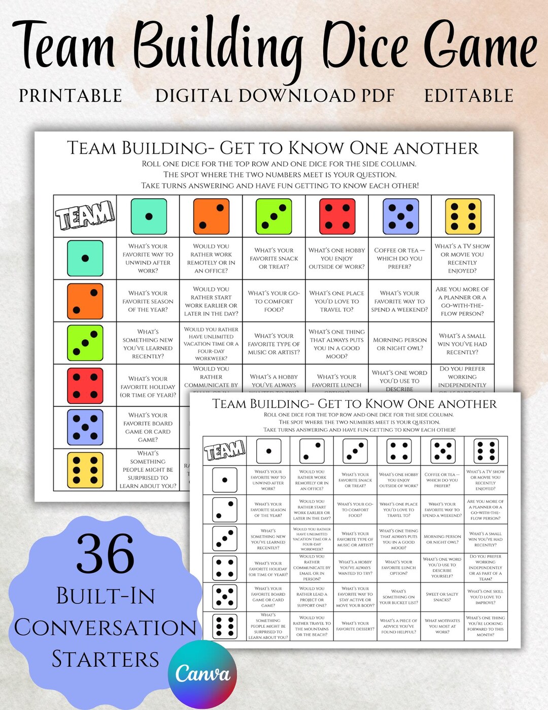 Editable Team Building Dicebreaker Game | Get to Know You Printable ...