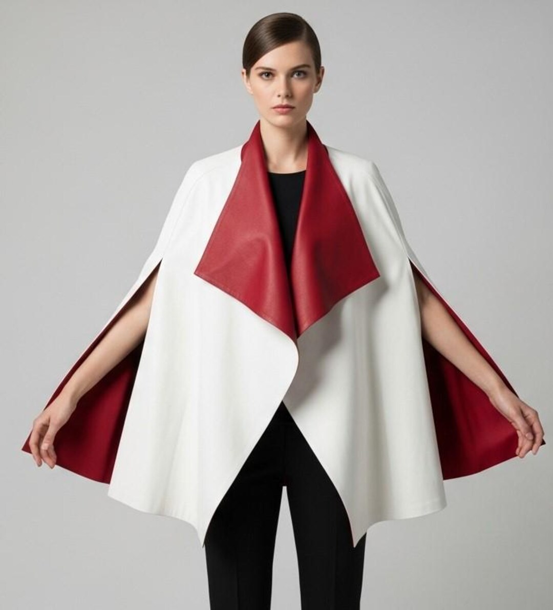 Women's Draped Cowhide Leather Cape Jacket: Creamy White & Cranberry ...