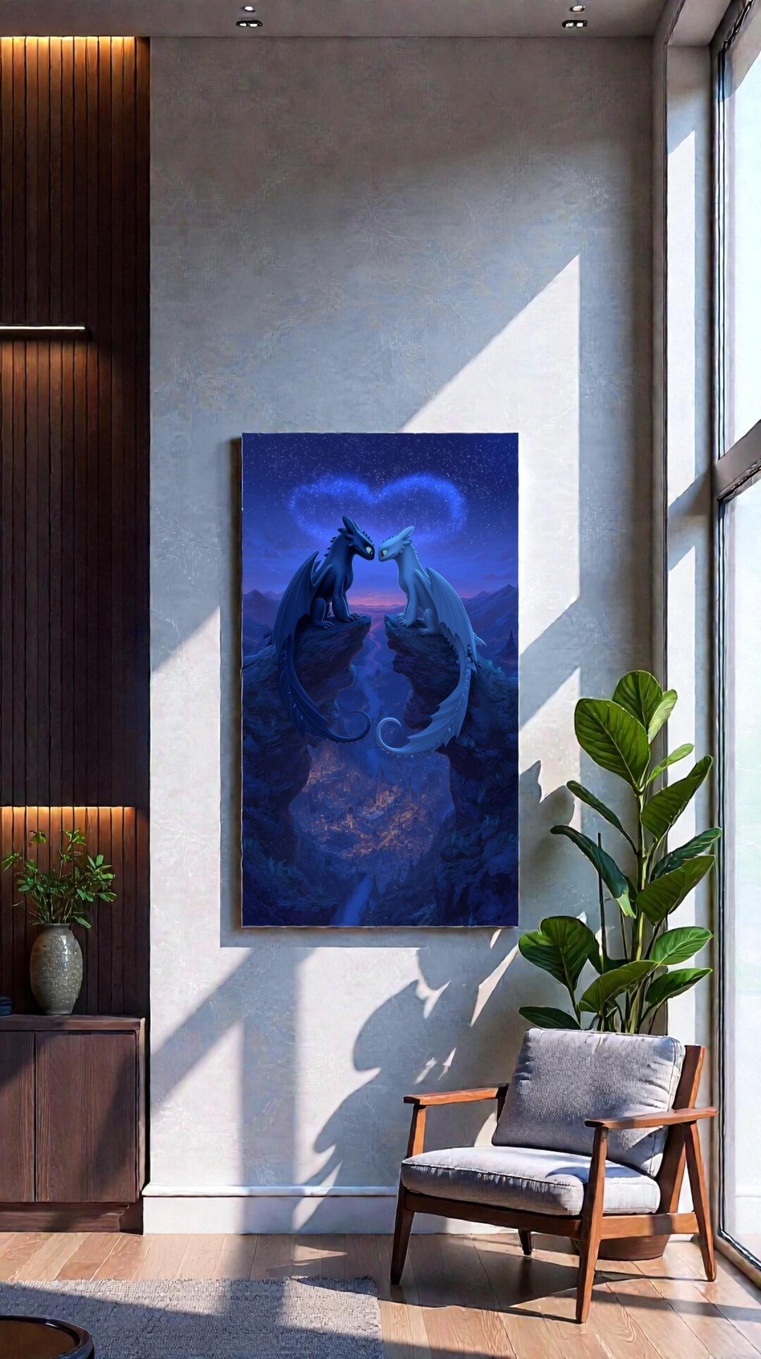 Dragons Love Night Sky Canvas | Toothless & Light Fury Art | Romantic ...