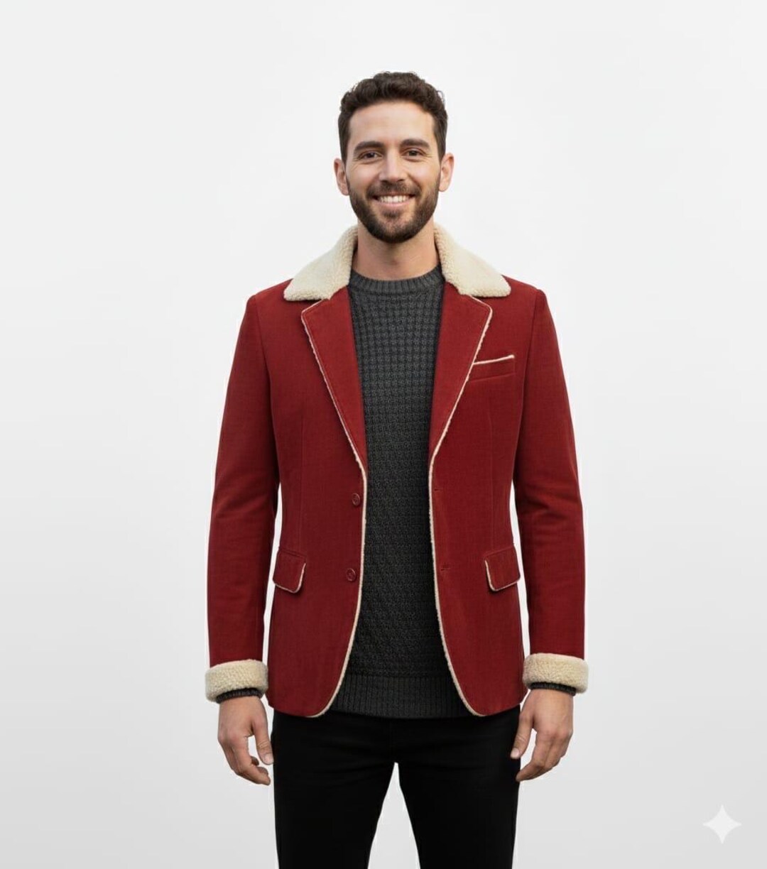 Christmas Red Santa Claus Faux Fur Trim Shearling Collar Suede Blazer ...