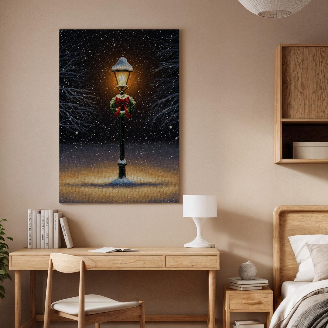 Snowy Street Lamp Framed Canvas, Winter Night Wall Art - Etsy