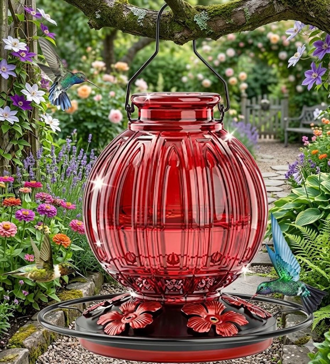 Glass Hummingbird Feeder – 24oz Hanging Nectar Feeder With 5 Flower ...