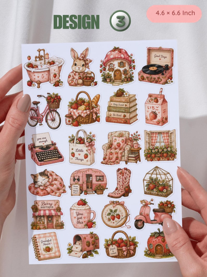 Strawberry Stickers Pack, Retro Stickers, Farmhouse Decals, Kawaii Pink ...