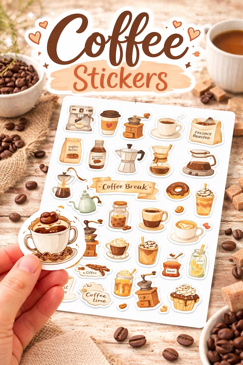 Coffee Sticker Sheet, Cafe Planner Journal Stickers, Laptop Decor ...