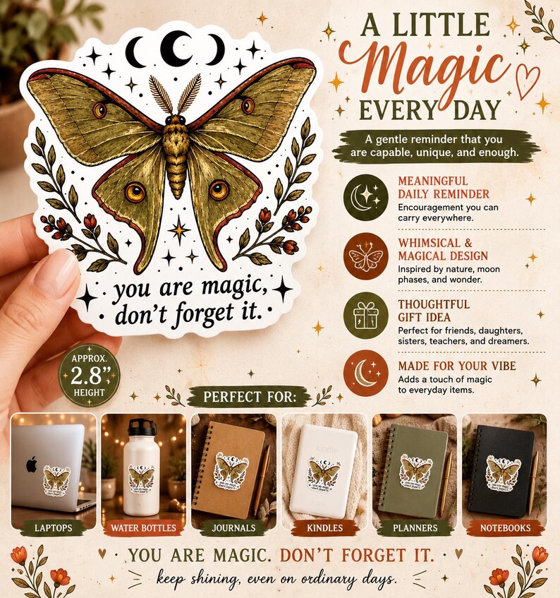 Luna Moth Sticker, Celestial Moon Phases, Botanical Art, Affirmation ...