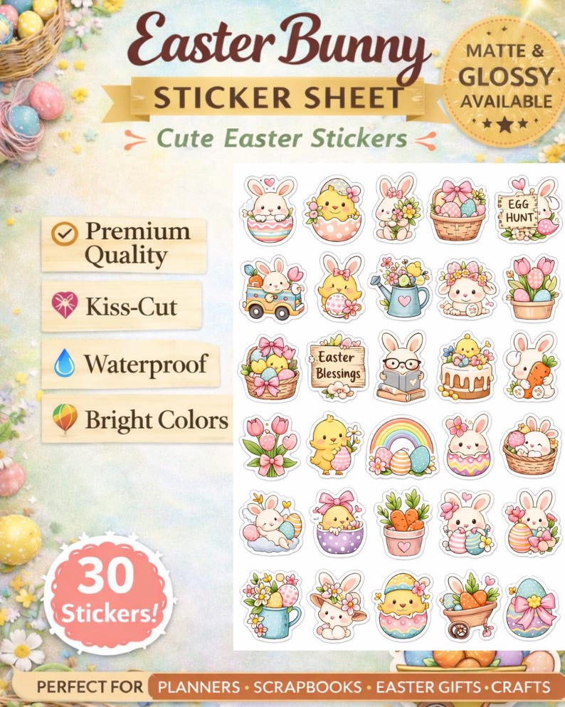 Easter Bunny Sticker Sheet, Pastel Kawaii Bunnies & Chicks, Spring ...