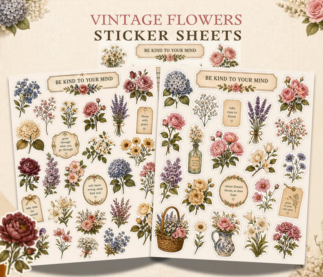 Flower Stickers Pack, Botanical Journal Decor, Cottagecore Planner ...