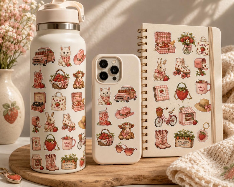 Strawberry Stickers Pack, Retro Stickers, Farmhouse Decals, Kawaii Pink ...