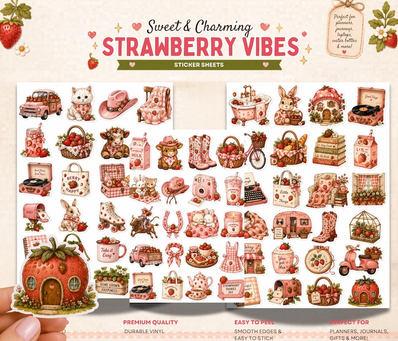 Strawberry Stickers Pack, Retro Stickers, Farmhouse Decals, Kawaii Pink ...
