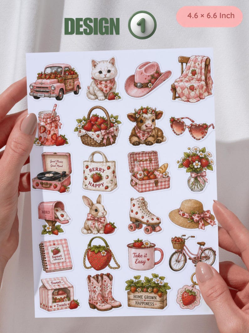 Strawberry Stickers Pack, Retro Stickers, Farmhouse Decals, Kawaii Pink ...