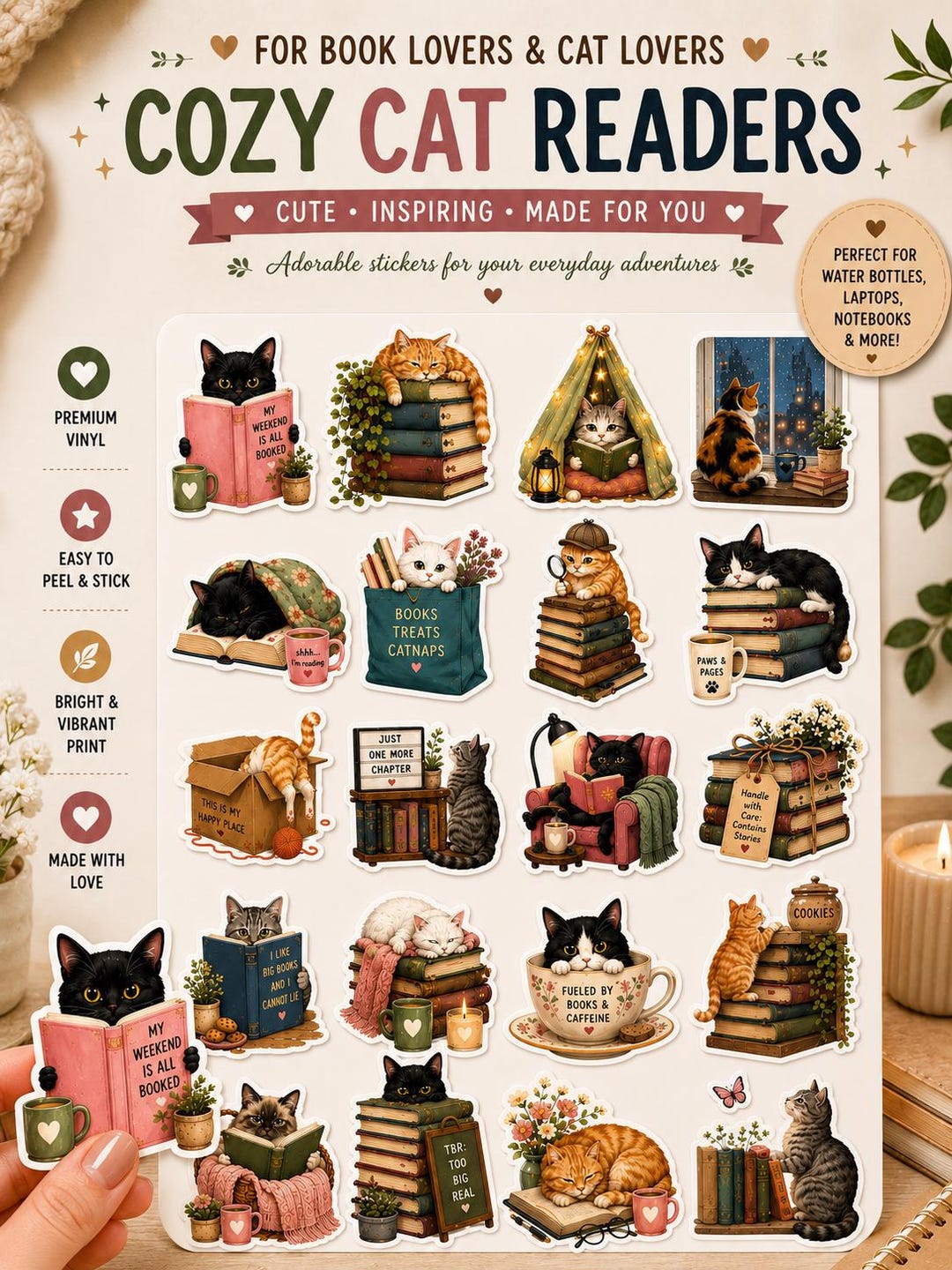 Reading Stickers, Book Lover Sticker Pack, Cat Stickers, Book Stickers ...