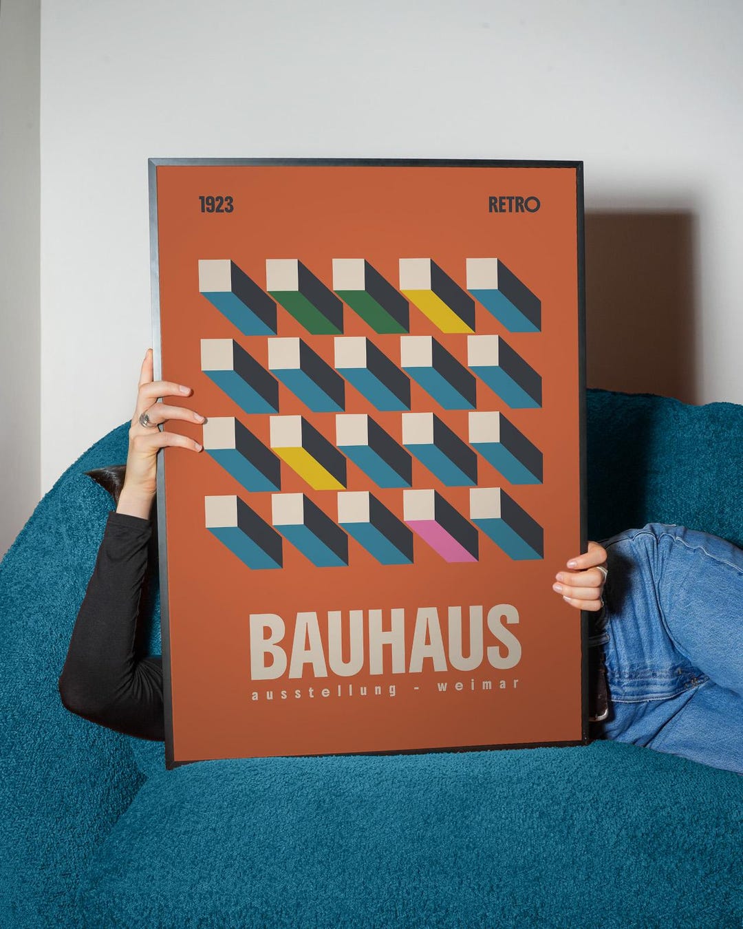 Bauhaus Grid Squares Poster – Coral Red & Deep Blue Color Study ...