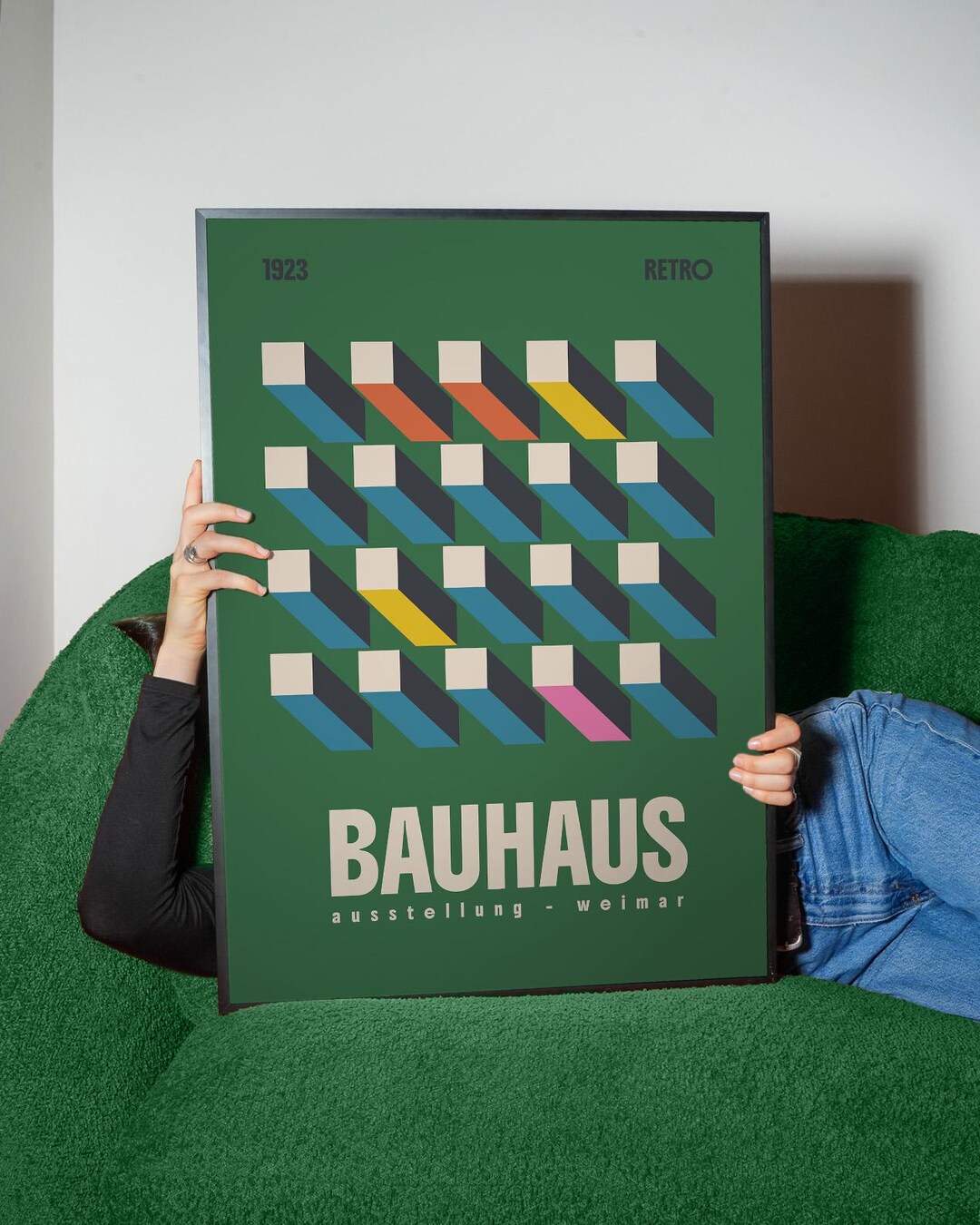 Bauhaus Grid Squares Poster – Mustard Yellow & Slate Blue Color Study ...