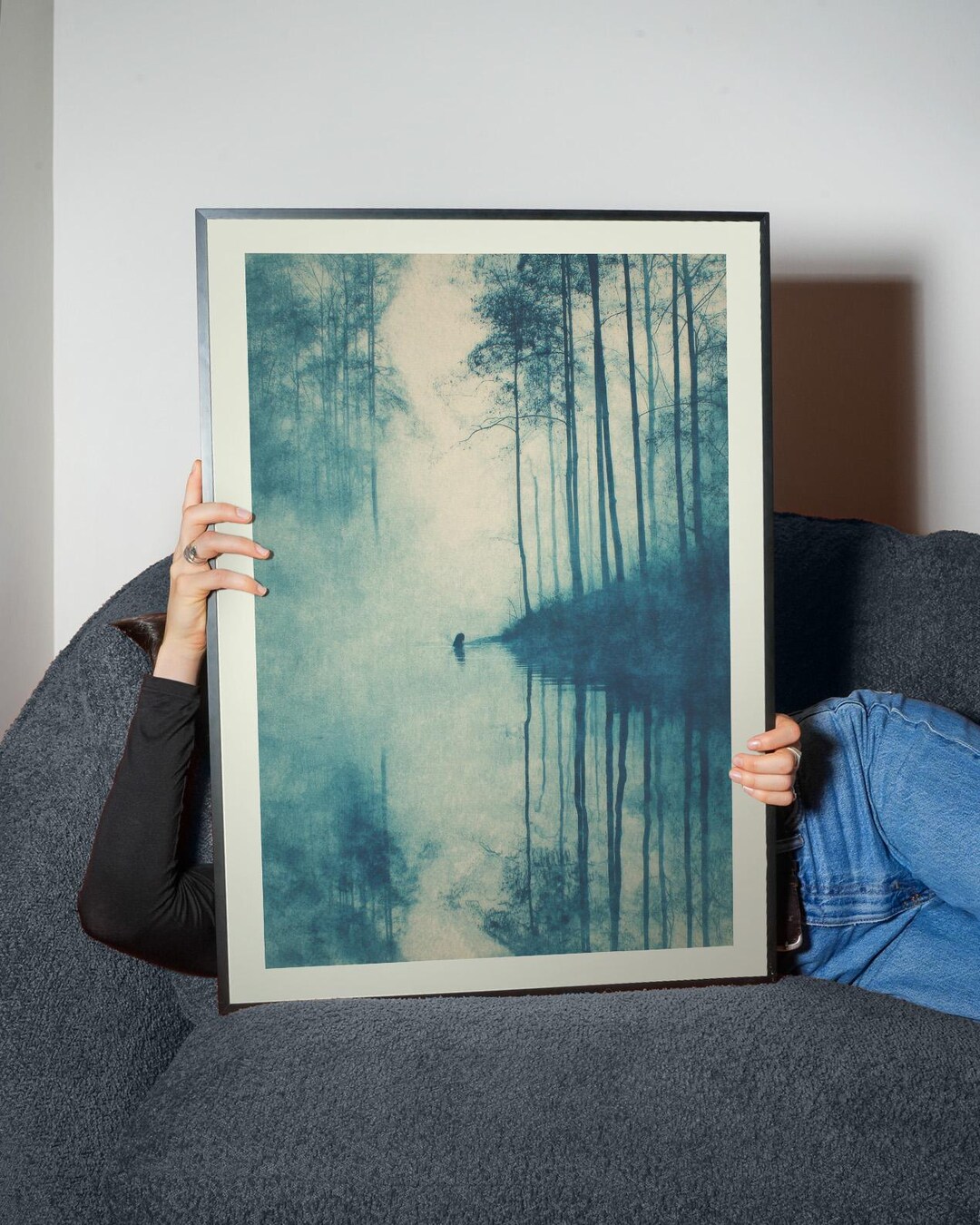 Blue Forest Artwork Monotype Poster, Minimalist Nature Decor (digital ...