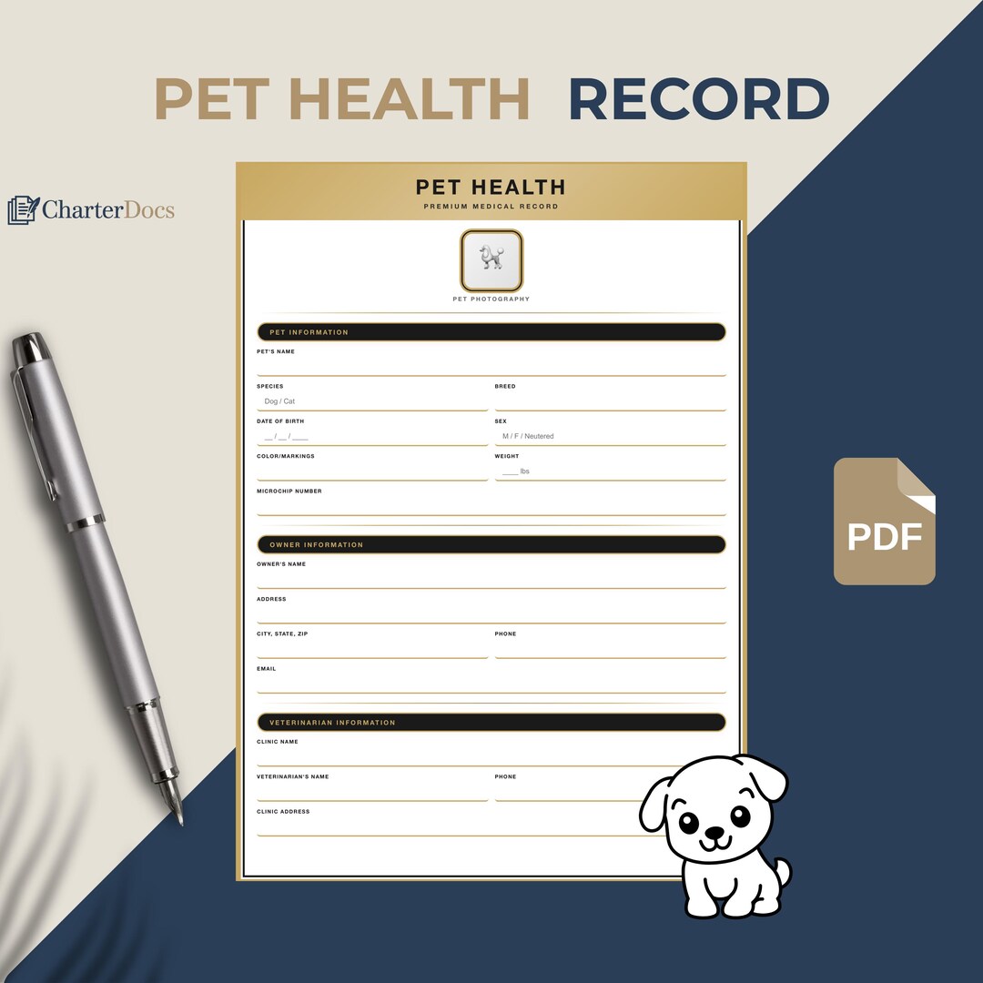 Pet Health Record PDF Gold | Dog Vaccination Log Printable | Luxury Vet ...