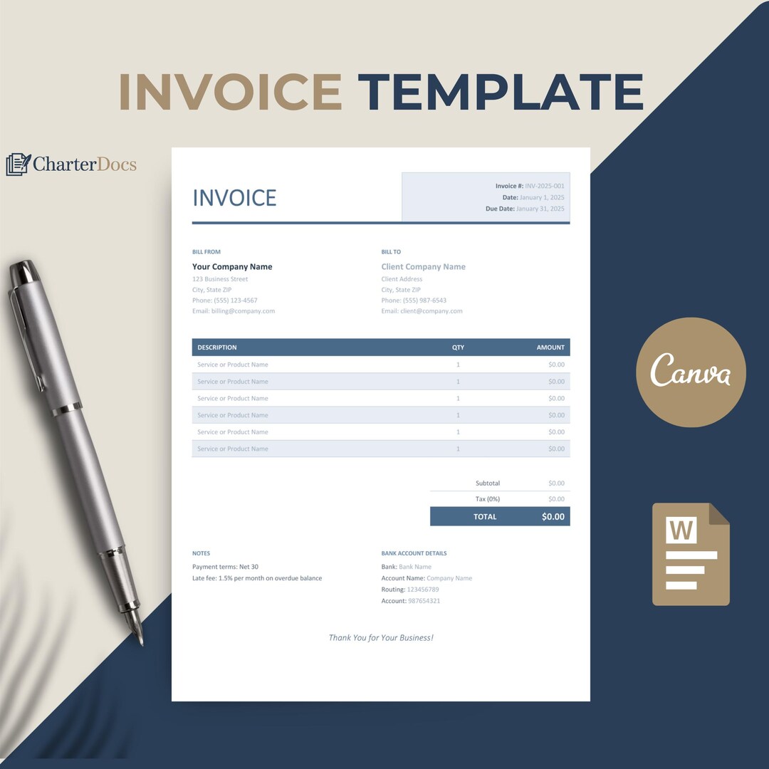 Invoice Template Canva Word | Editable Business Invoice | US Letter ...