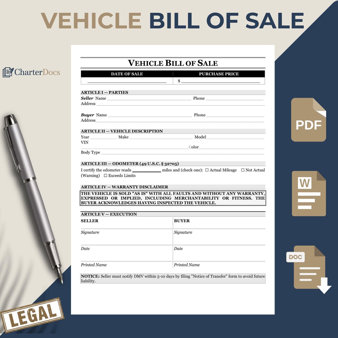 Motor Vehicle Bill of Sale Template. Printable Car Sale Contract. Auto ...