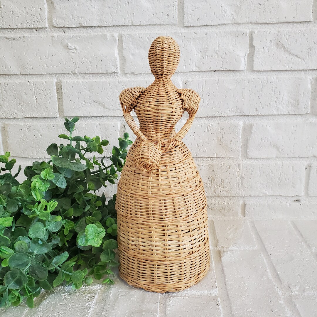 Vintage Wicker Woman Statue Woven Woman With Basket Figurine Wicker ...