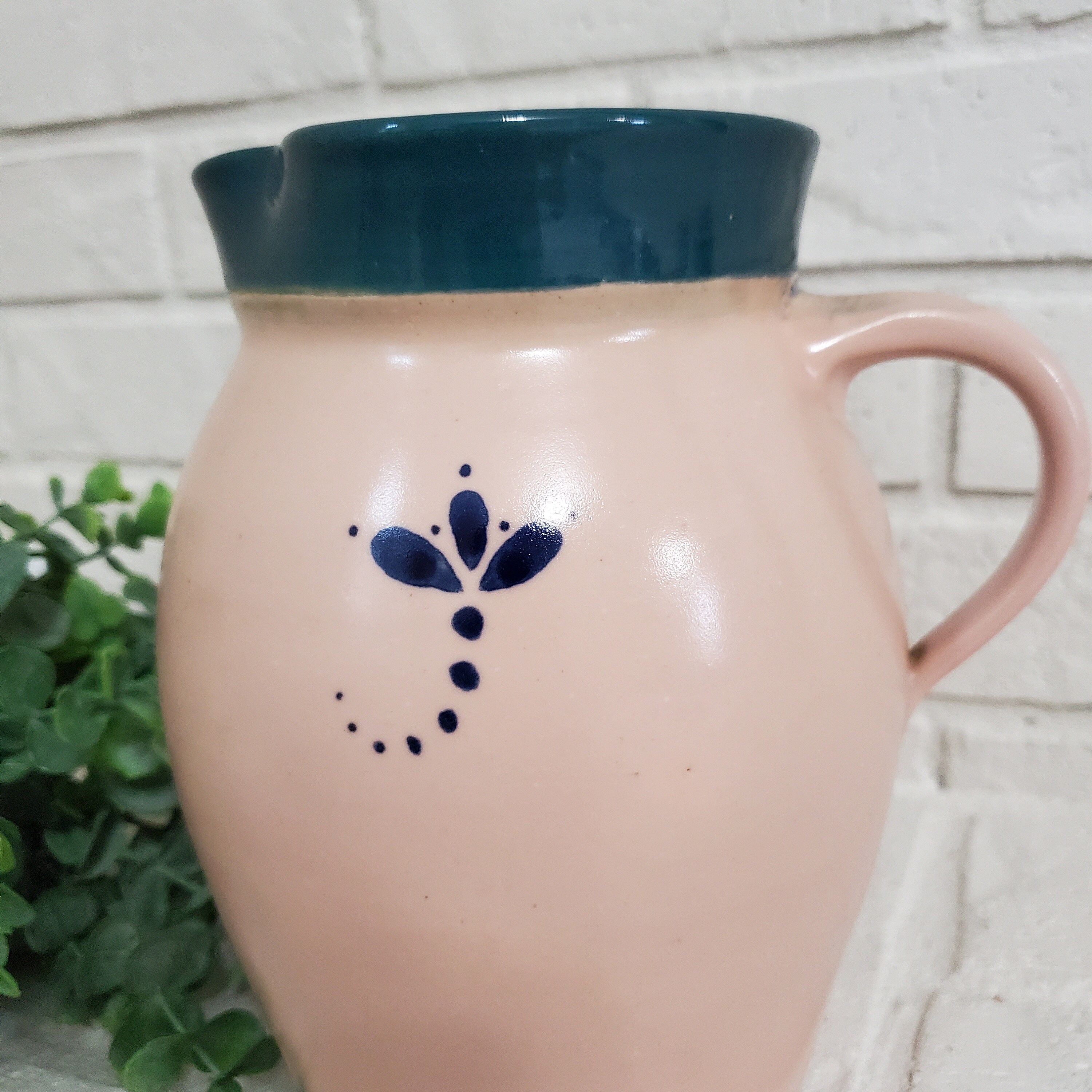 Vintage Pink and Green Glazed Pottery Pitcher Vase Cottage Core Blush ...