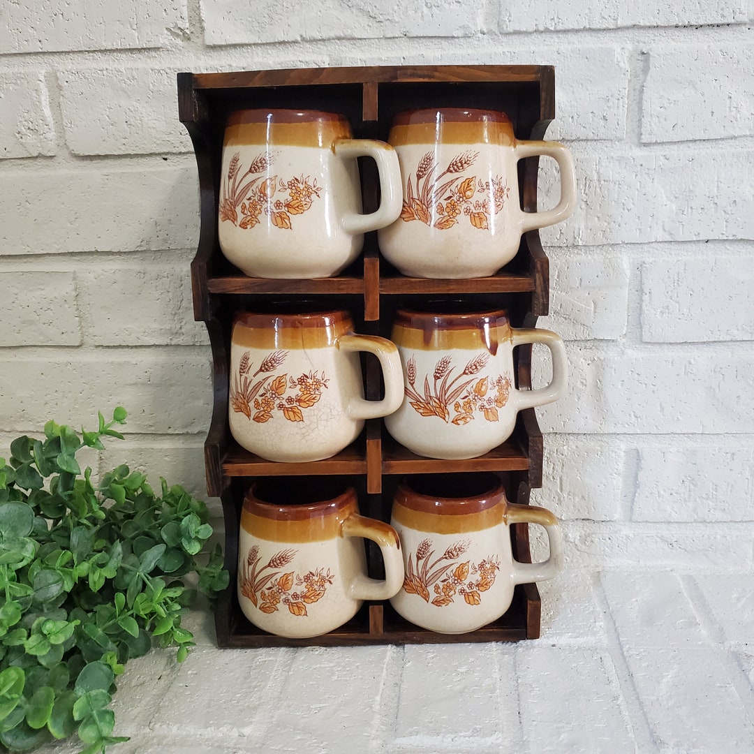 Vintage Stoneware Mug Set Harvest Grains Design Wood Wall Hanging Cubby ...