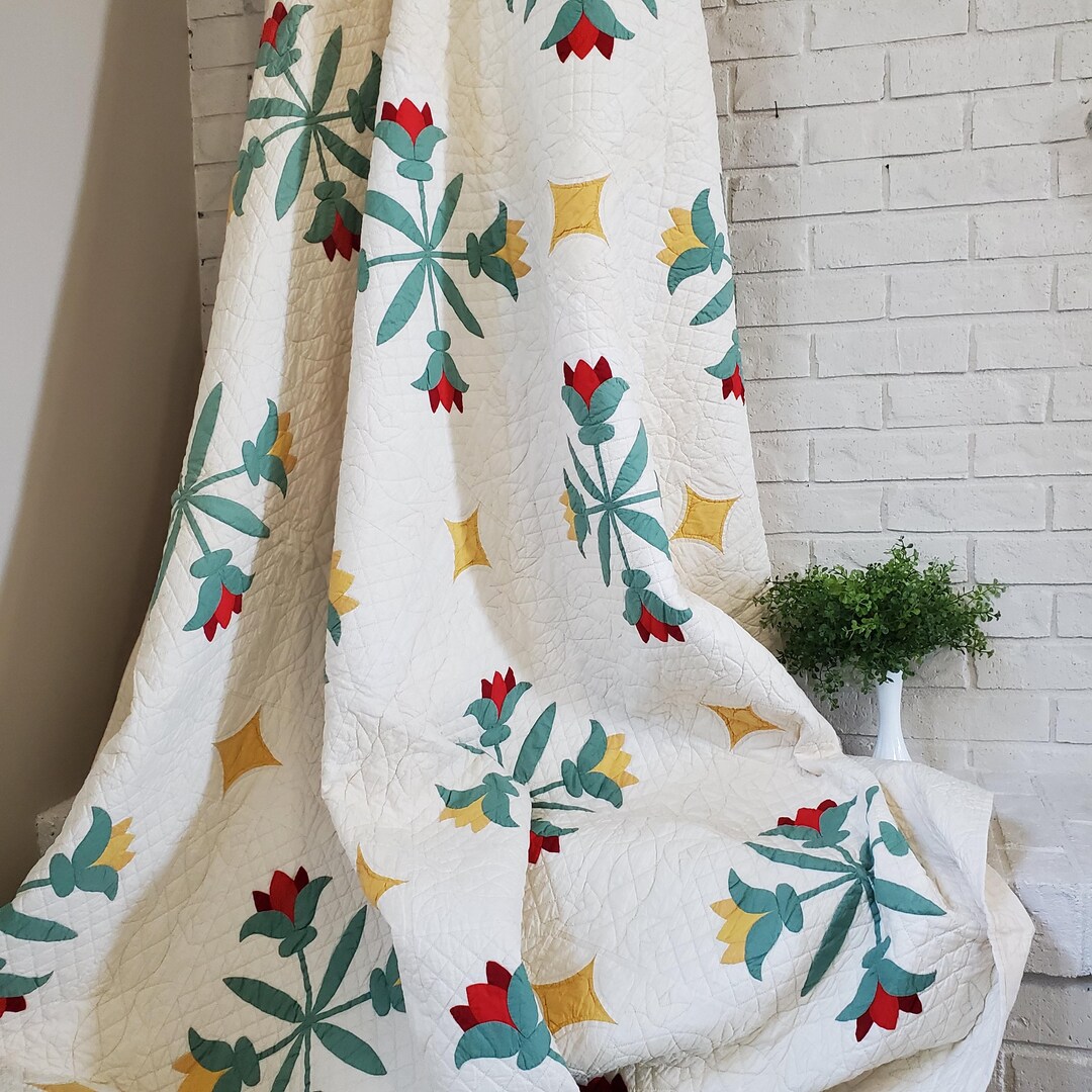 Vintage Floral Tulip Quilt Red Yellow Colorful Hand Stitched Quilt ...