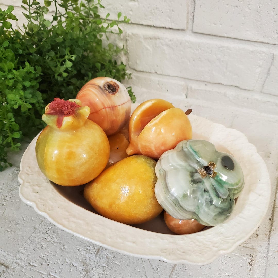 Vintage Seven Piece Alabaster Stone Fruit Set in Oval Glazed Ceramic ...
