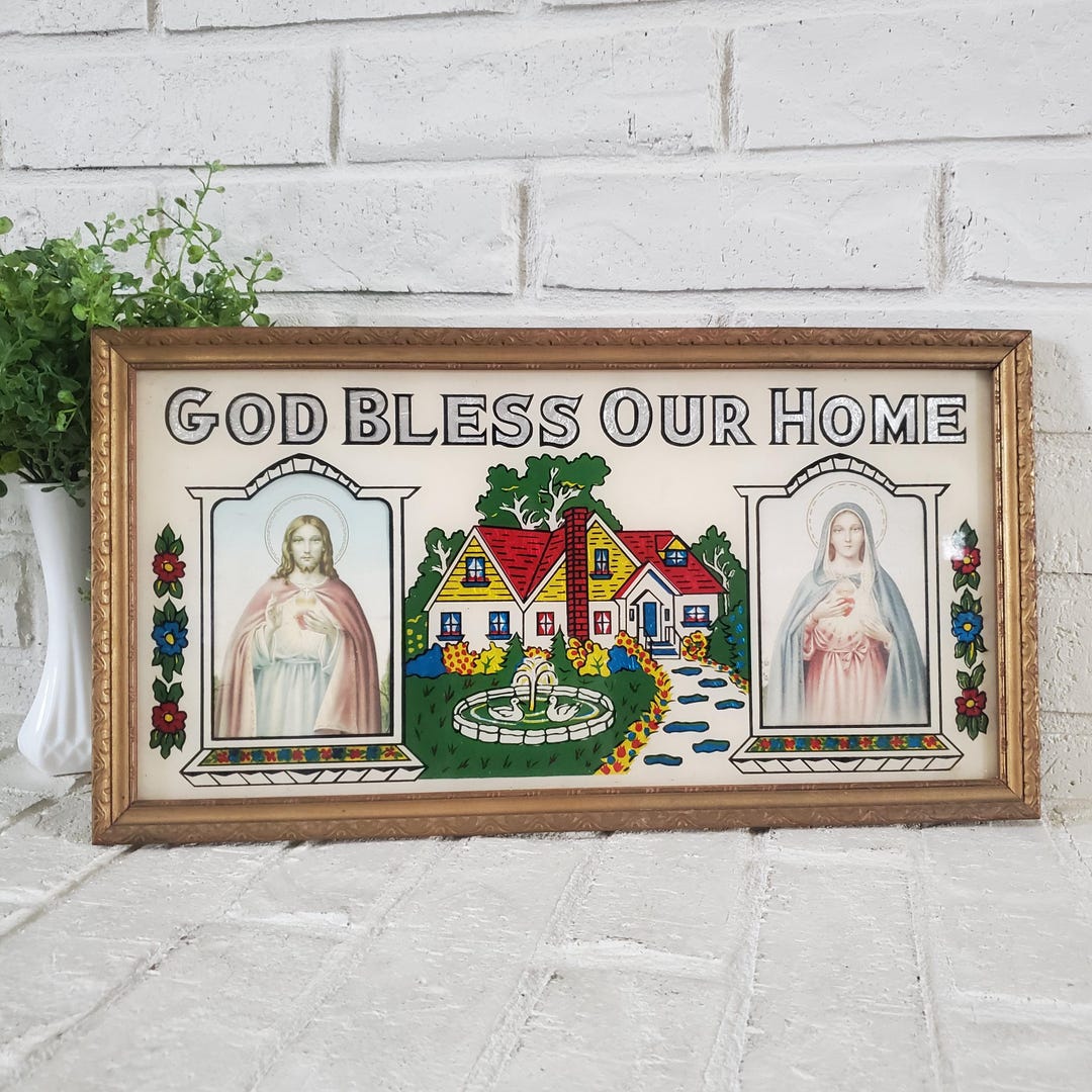 Vintage God Bless Our Home Reverse Painted Glass and Foil Wall Art ...