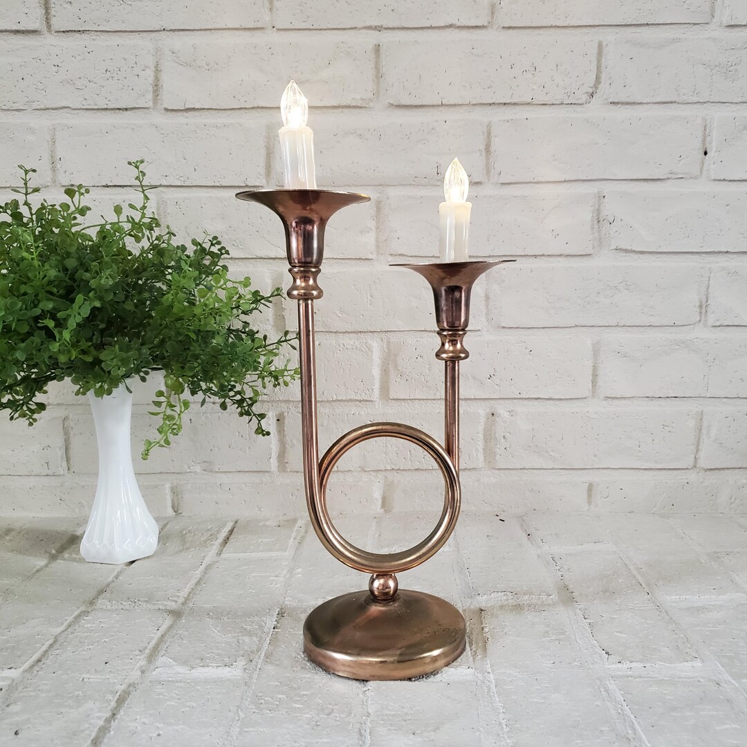 Vintage Brass French Horn Double Candlestick Holder: Graduated Height ...