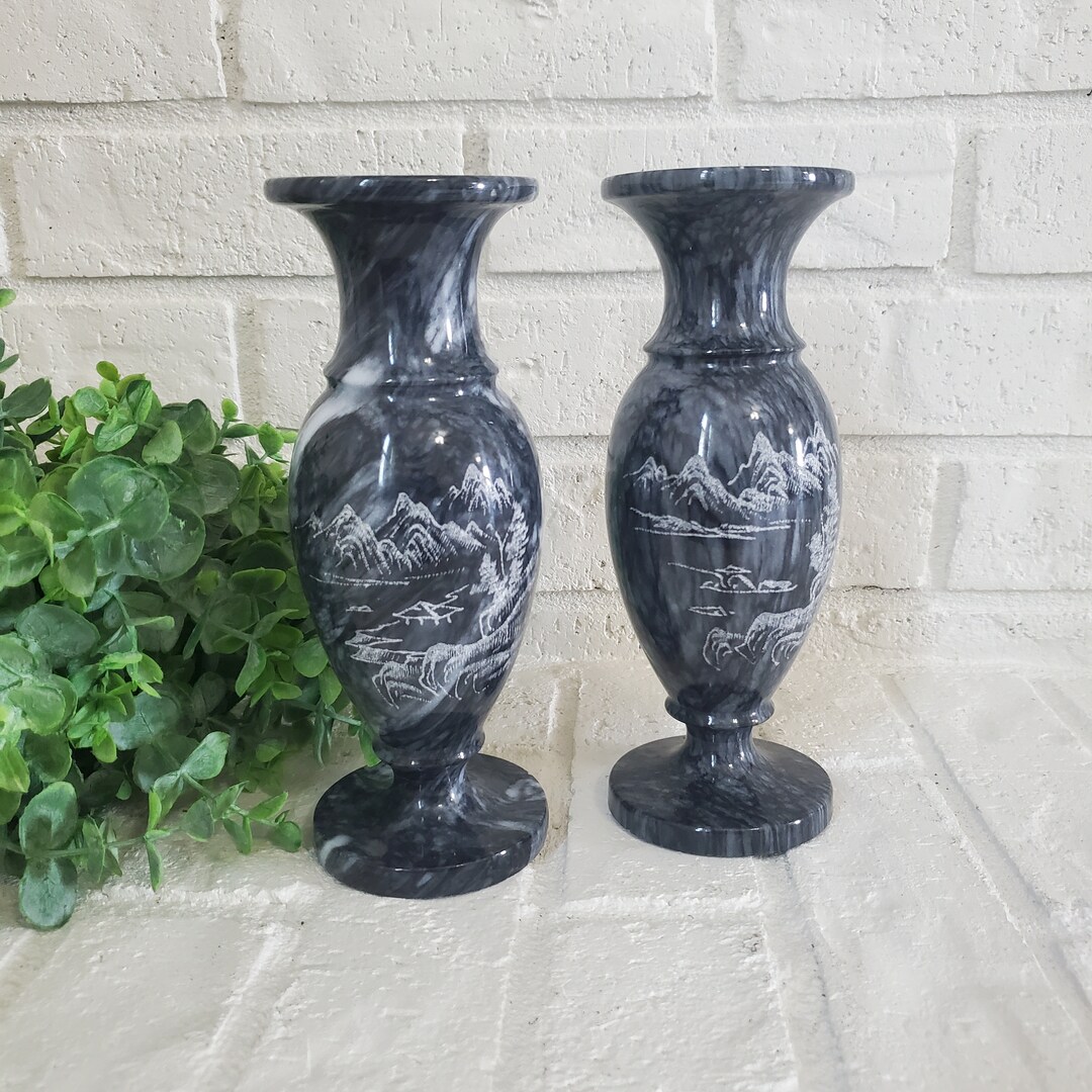 Vintage Pair of Marble Vases Etched Nature Scenes on Front of Solid ...