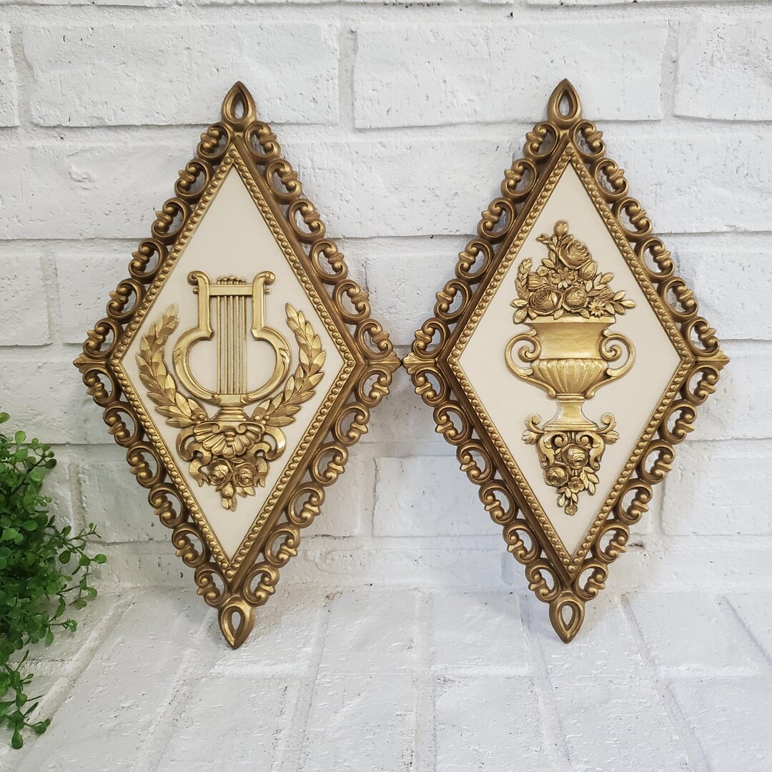 Vintage HOMCO MCM Style Crean and Gold Diamond Wall Plaques Set of Two ...