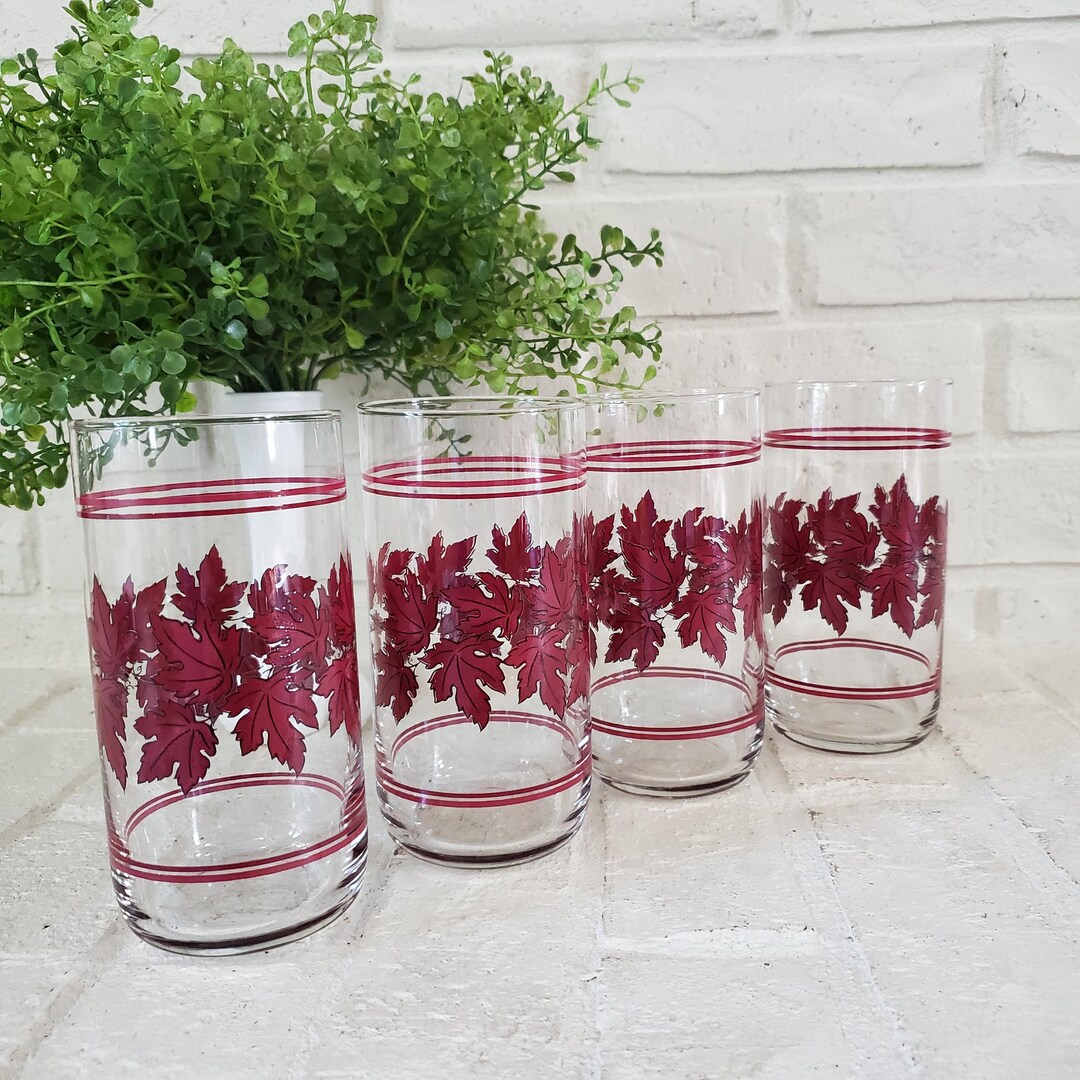 Vintage Libbey Barware Glass Set of Four Maple Leaf Design Tumblers: 12 ...