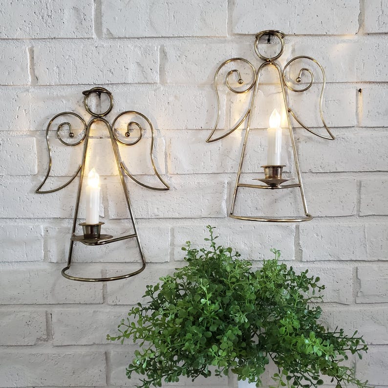 Vintage Angel Wall Sconces: Gold Tone Metal Candle Holders, Set of 2 - Etsy