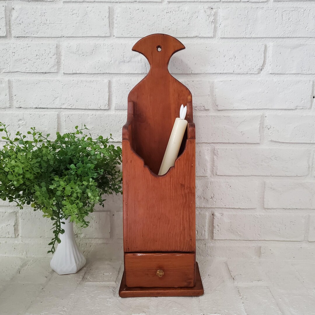 Vintage Wooden Candle Box With Matchstick Drawer: Primitive Wall Shelf ...