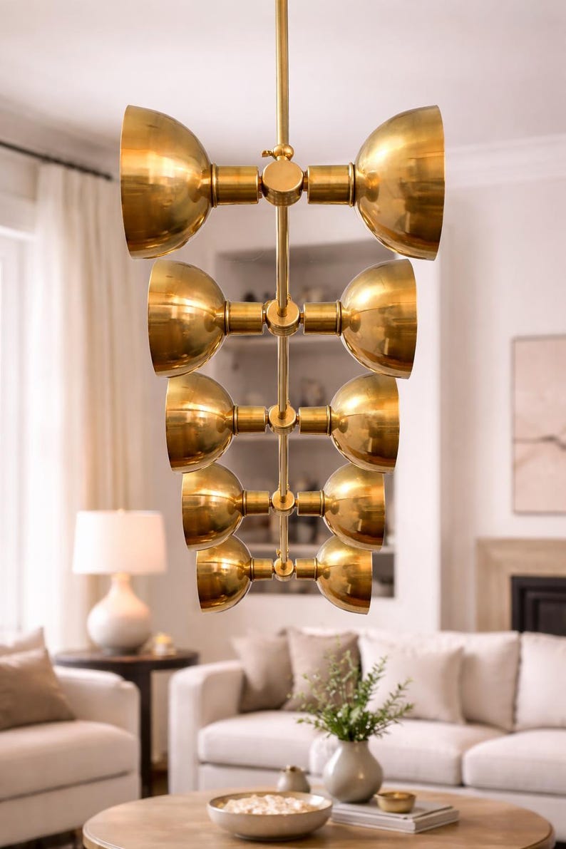 Mid-century Modern Chandelier | 10 Light Raw Brass Fixture for Dining ...