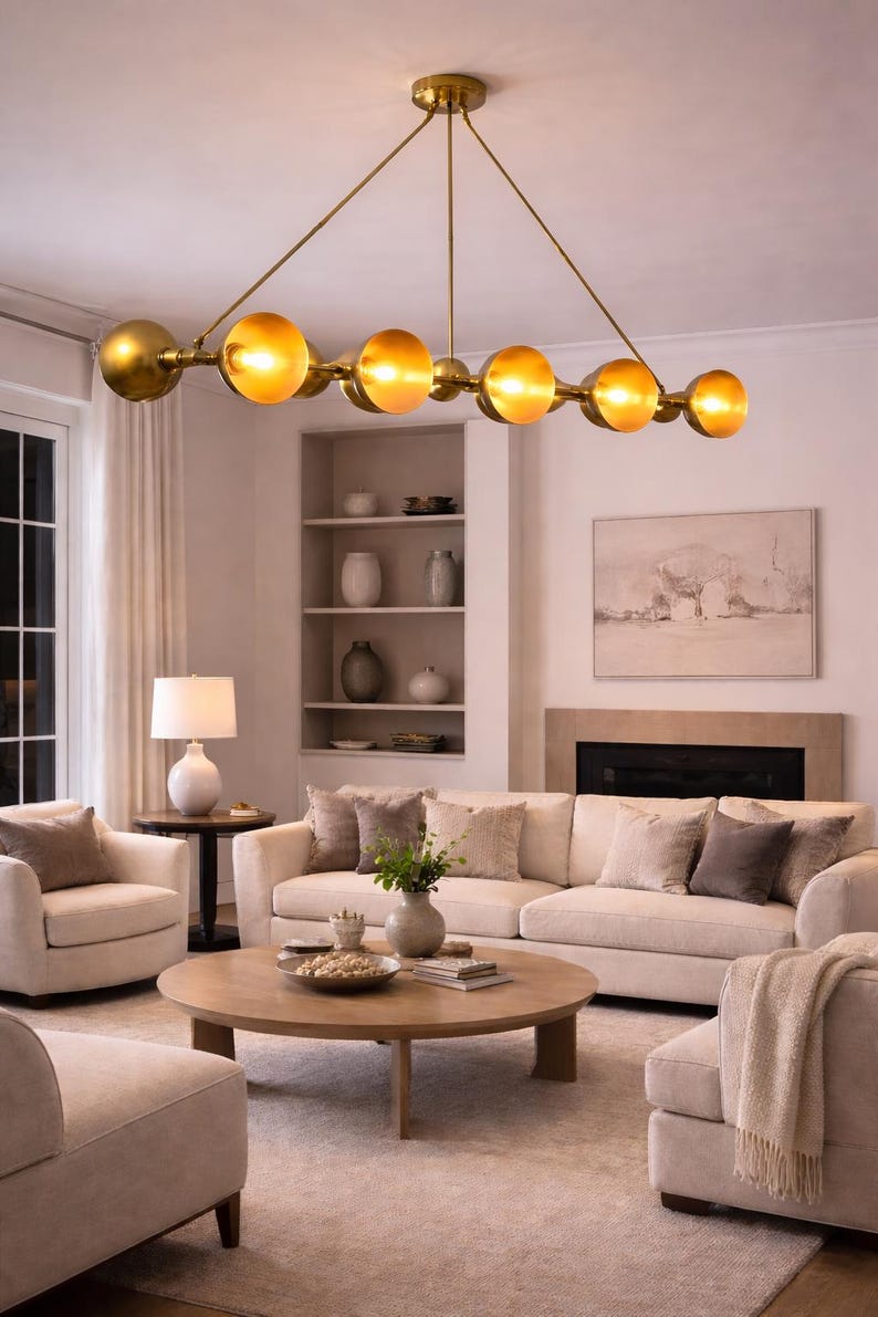 Mid-century Modern Chandelier | 10 Light Raw Brass Fixture for Dining ...