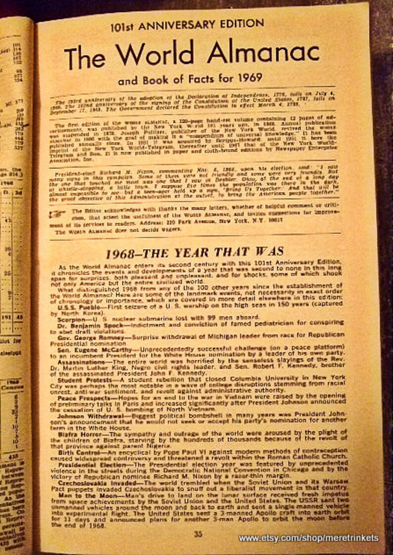 Vintage 1969 World Almanac and Book of Facts Historical | Etsy