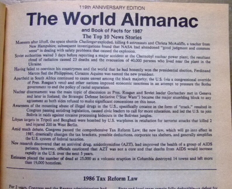 Vintage 1987 World Almanac and Book of Facts, 119th Year, More Than a ...