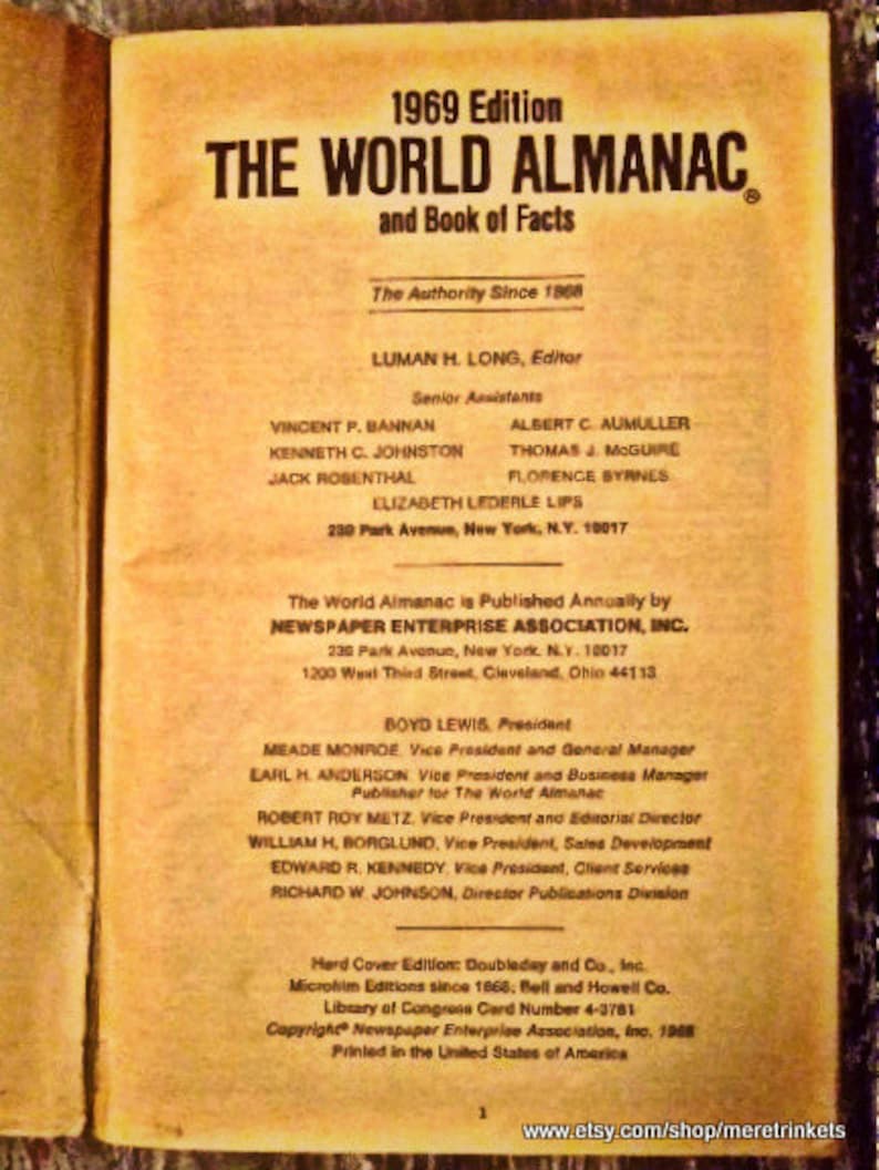 Vintage 1969 World Almanac and Book of Facts Historical - Etsy