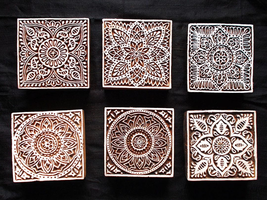Set of 6 Square Indian Hand-carved Wooden Stamps/ Textile Printing ...