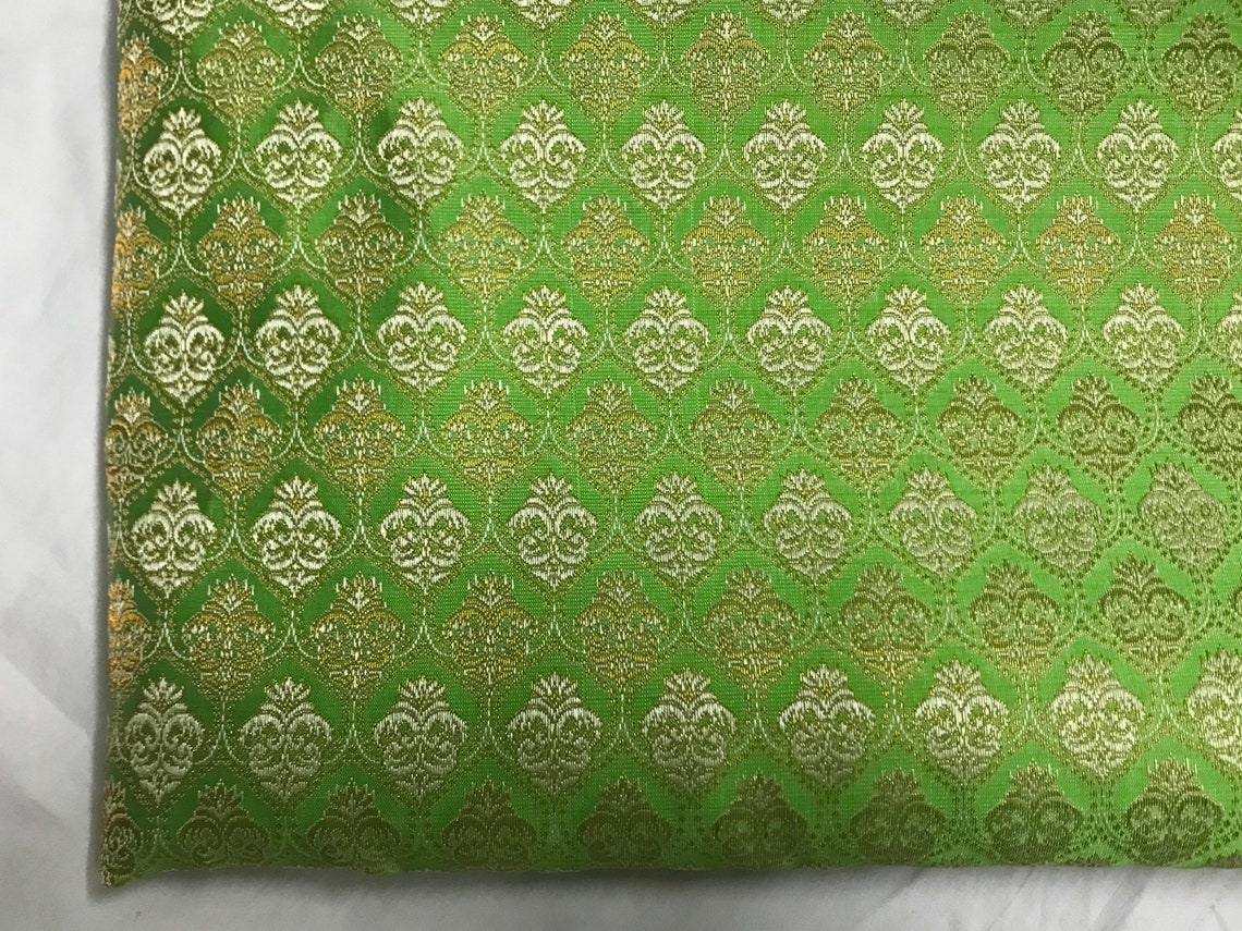 One Yard Of Lime Green Indian Brocade Fabric In A Regal Design Etsy