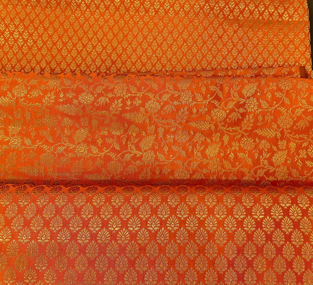 Bundle/stack of Brick Orange Indian Brocade Set of Three Fat Quarters ...