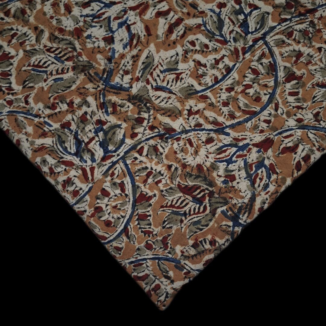 One Meter Indian Pure Cotton Kalamkari Fabric in Deep Mustard, Blue and ...