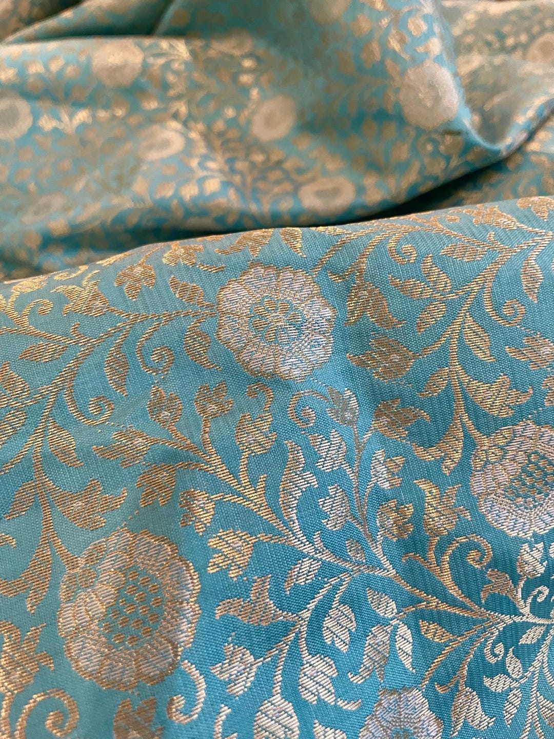 One Yard Turquoise Blue Indian Sari Brocade in a Flower Pattern/diy ...